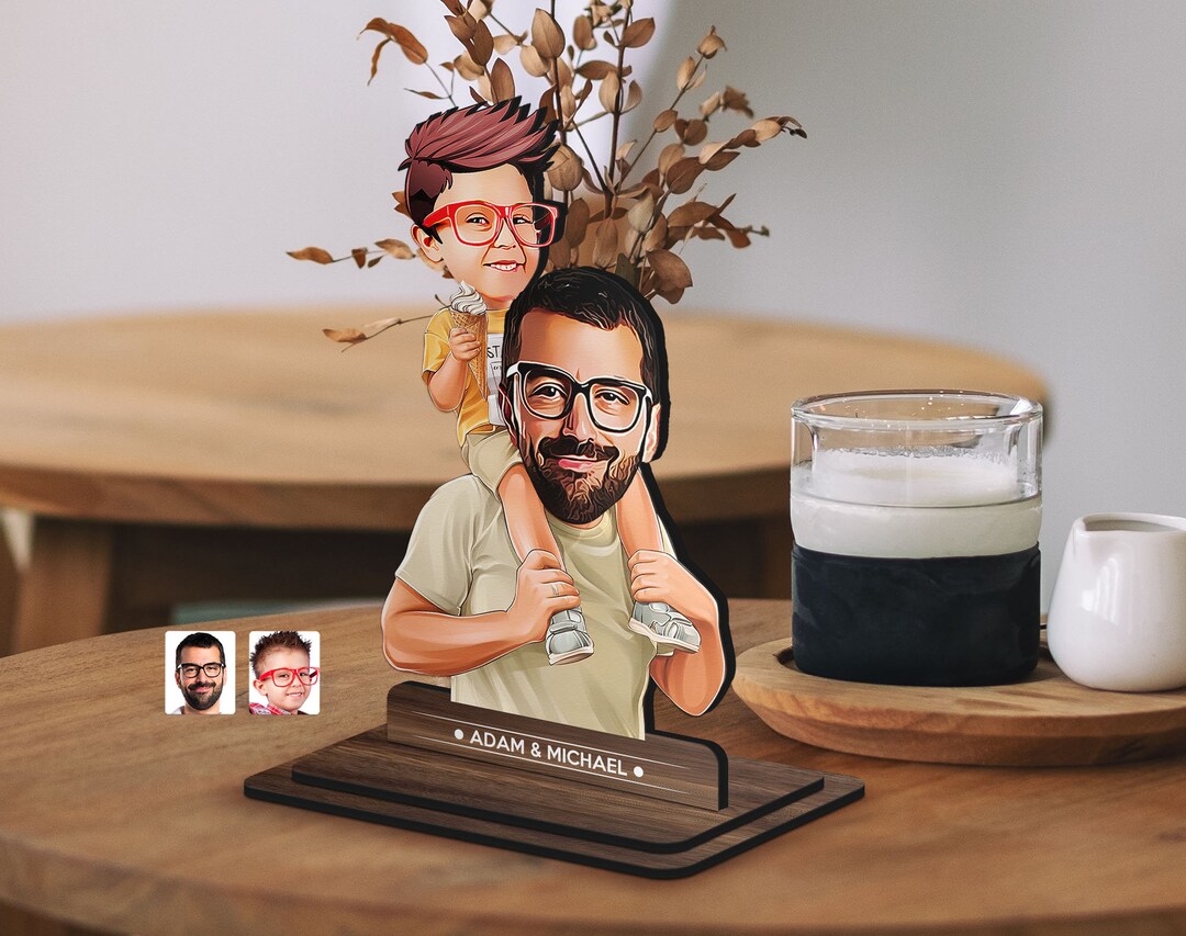 Personalized 3D Wooden Cartoon Dad and Son Figurine Trinket ...