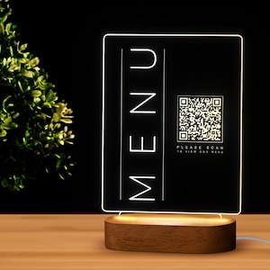 Custom LED Qr Code Menu Sign, LED Decor With Natural Wood Base ...