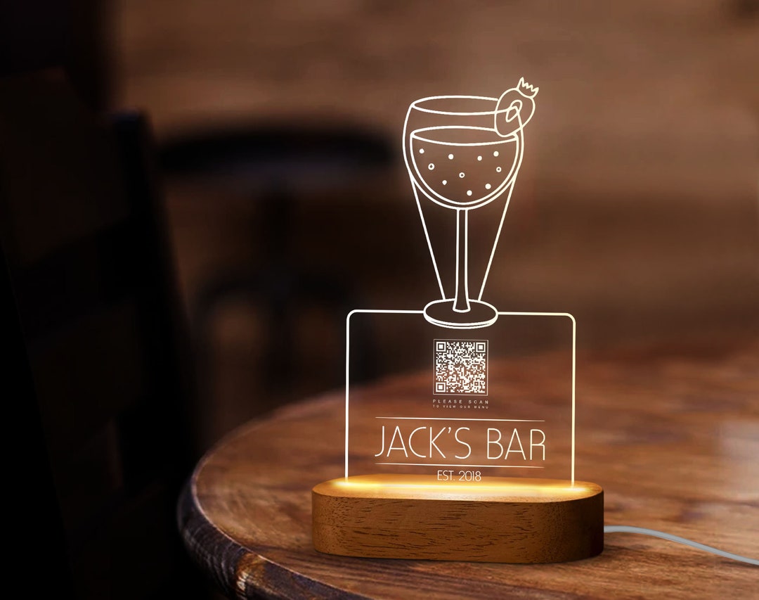 Custom LED Qr Code Menu Sign, LED Decor With Natural Wood Base ...