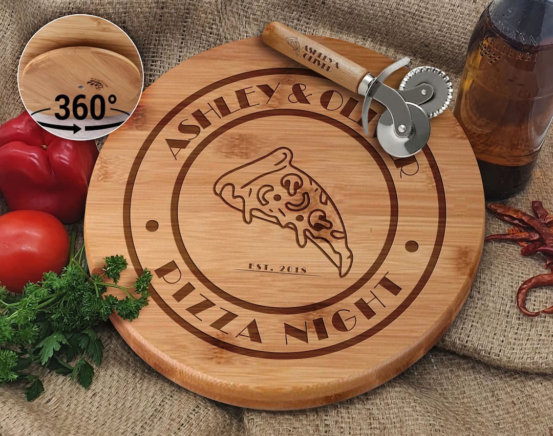 Pizza Board With Name Bamboo Wooden Turntable, Pizza Cutting Board Set ...