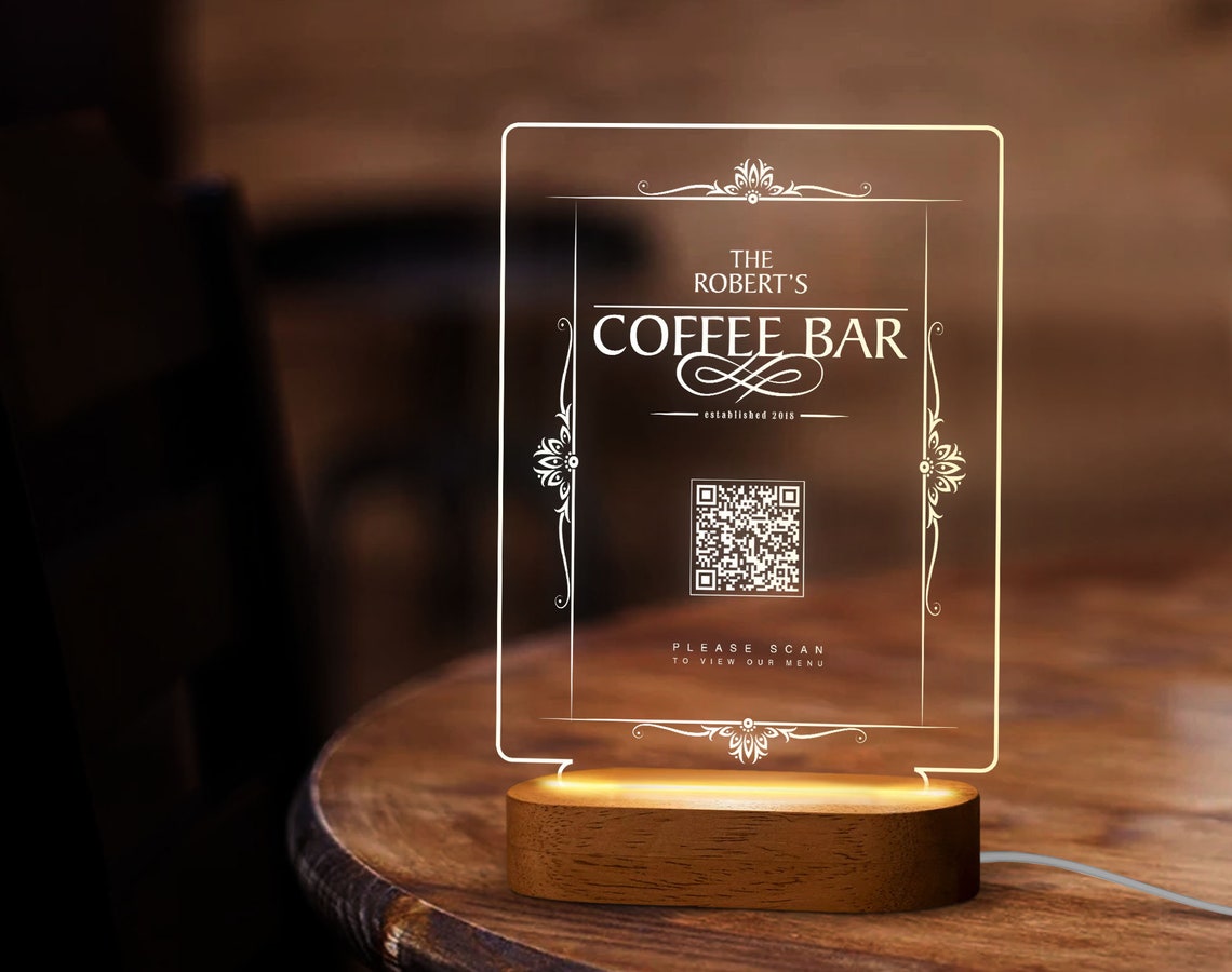 Custom LED Qr Code Menu Sign LED Decor With Natural Wood - Etsy