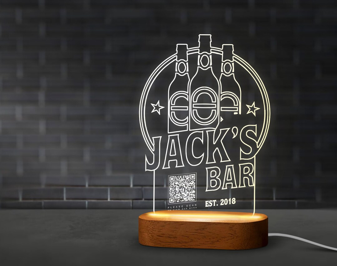 Custom LED Qr Code Menu Sign, LED Decor With Natural Wood Base ...