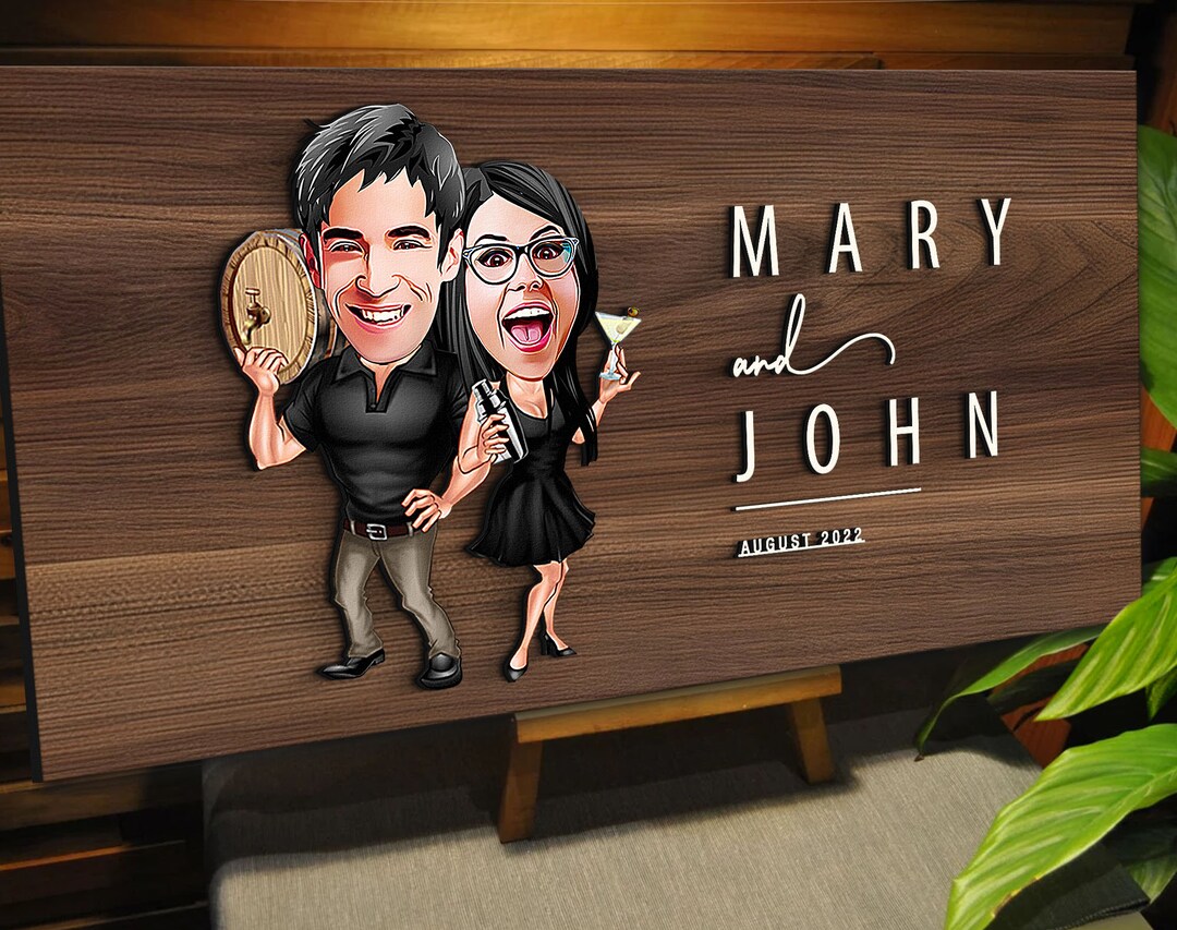 Personalized 3D Wooden Named Cartoon Couple Sign, Custom Caricature ...