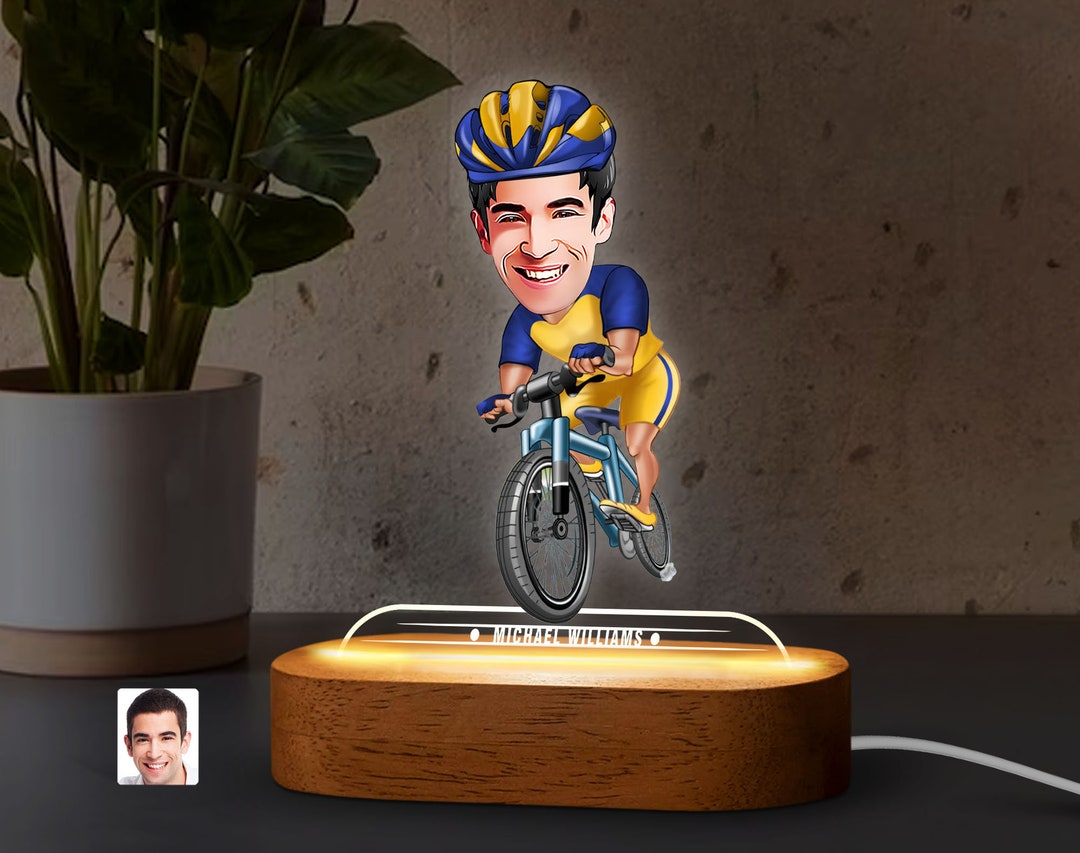 Personalized LED Light Cartoon Bicyclist Trinket With Natural Wooden ...