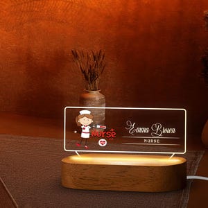LED Light Nurse Desk Name Plate With Natural Wood Base, Personalized ...