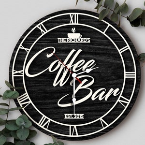 Personalized Coffee Bar Clock Sign, 3D Round Wooden Wall Clock, Custom ...