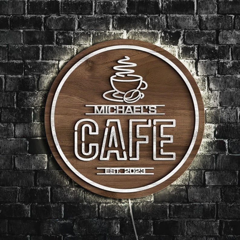 Personalized LED Light Wooden Coffee Bar Sign, Custom Embossed Round ...