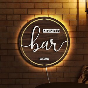 Personalized LED Light Wooden Bar Sign, Custom Embossed Round Wood Bar ...