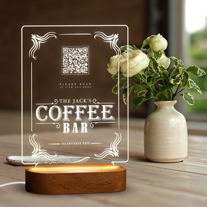 Custom LED Qr Code Menu Sign, LED Decor With Natural Wood Base ...