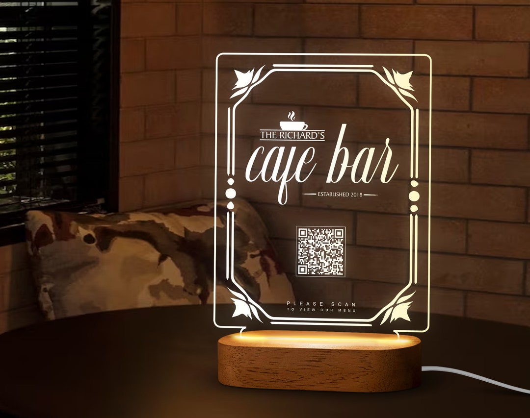 Custom LED Qr Code Menu Sign, LED Decor With Natural Wood Base ...