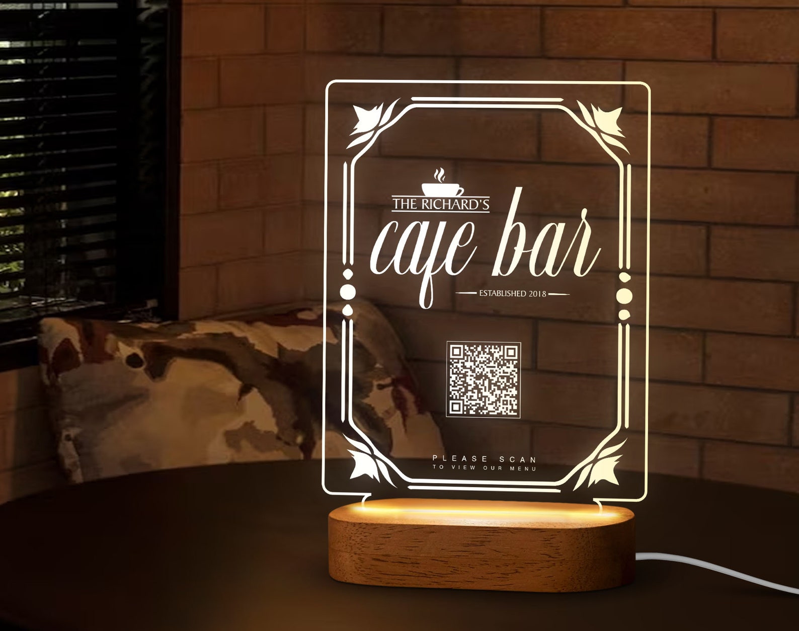 Custom LED Qr Code Menu Sign LED Decor With Natural Wood - Etsy