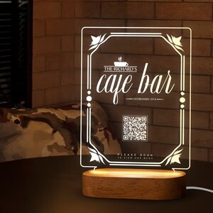 Custom LED Qr Code Menu Sign, LED Decor With Natural Wood Base ...