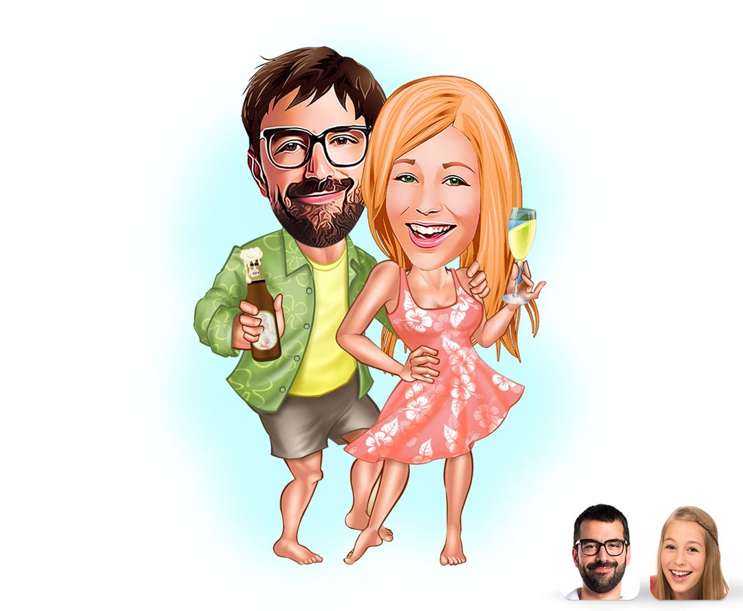 Custom Beach Lover Couple Cartoon Portrait,digital Download Cartoon ...