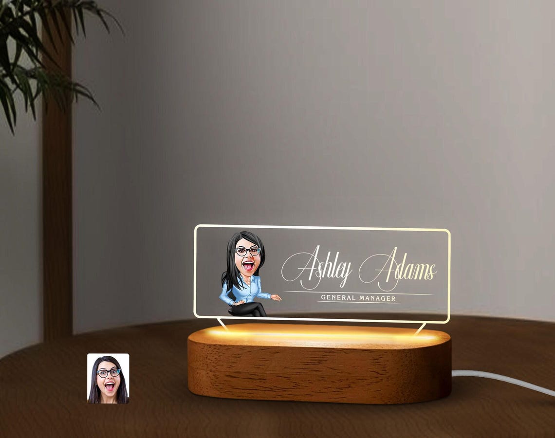 Personalized Cartoon LED Light Manager CEO Name Plate With Natural Wood ...