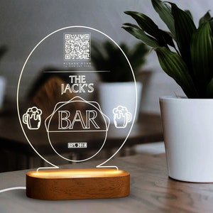 Custom LED Qr Code Menu Sign, LED Decor With Natural Wood Base ...