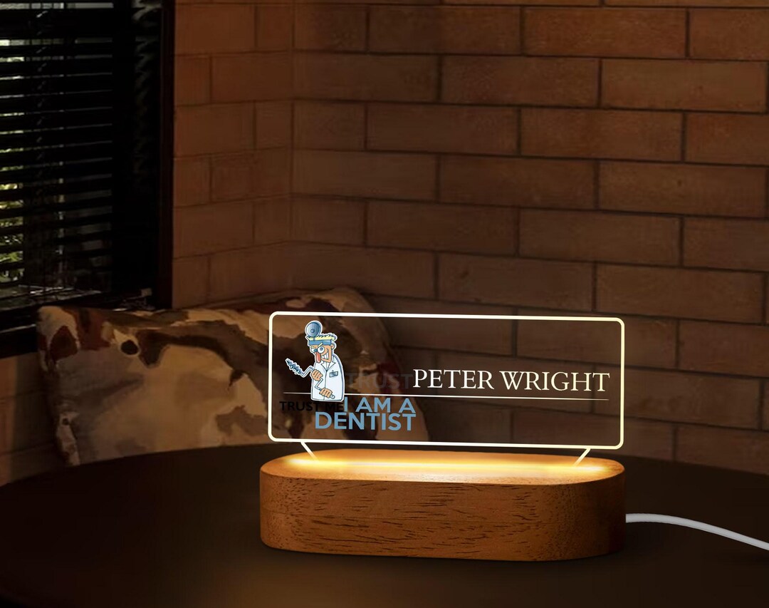 LED Light Dentist Desk Name Plate With Natural Wood Base, Personalized ...