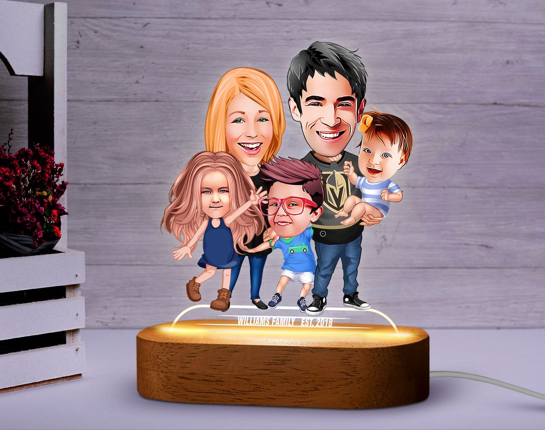 Personalized LED Night Light Family Cartoon With Natural Wood Stand ...