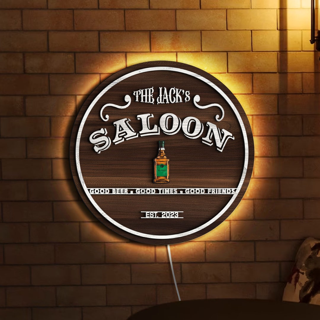 Personalized LED Light Wooden Bar Sign, Custom Embossed Round Wood Bar ...