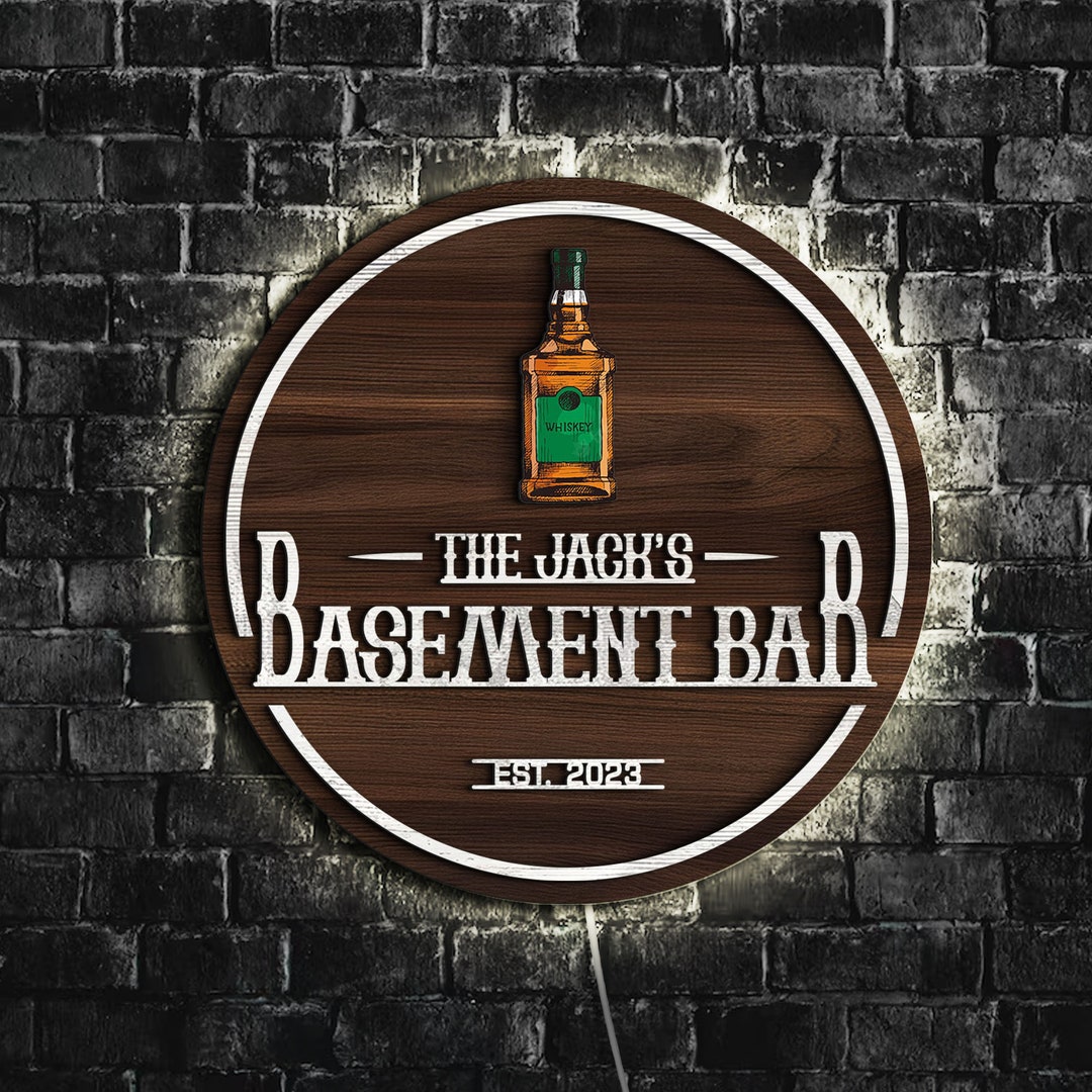 Personalized LED Light Wooden Bar Sign, Custom Embossed Round Wood Bar ...