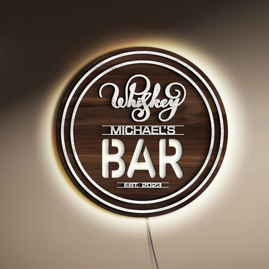 Personalized LED Light Wooden Bar Sign, Custom Embossed Round Wood Bar ...