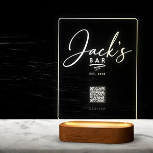 Custom LED Qr Code Menu Sign, LED Decor With Natural Wood Base ...