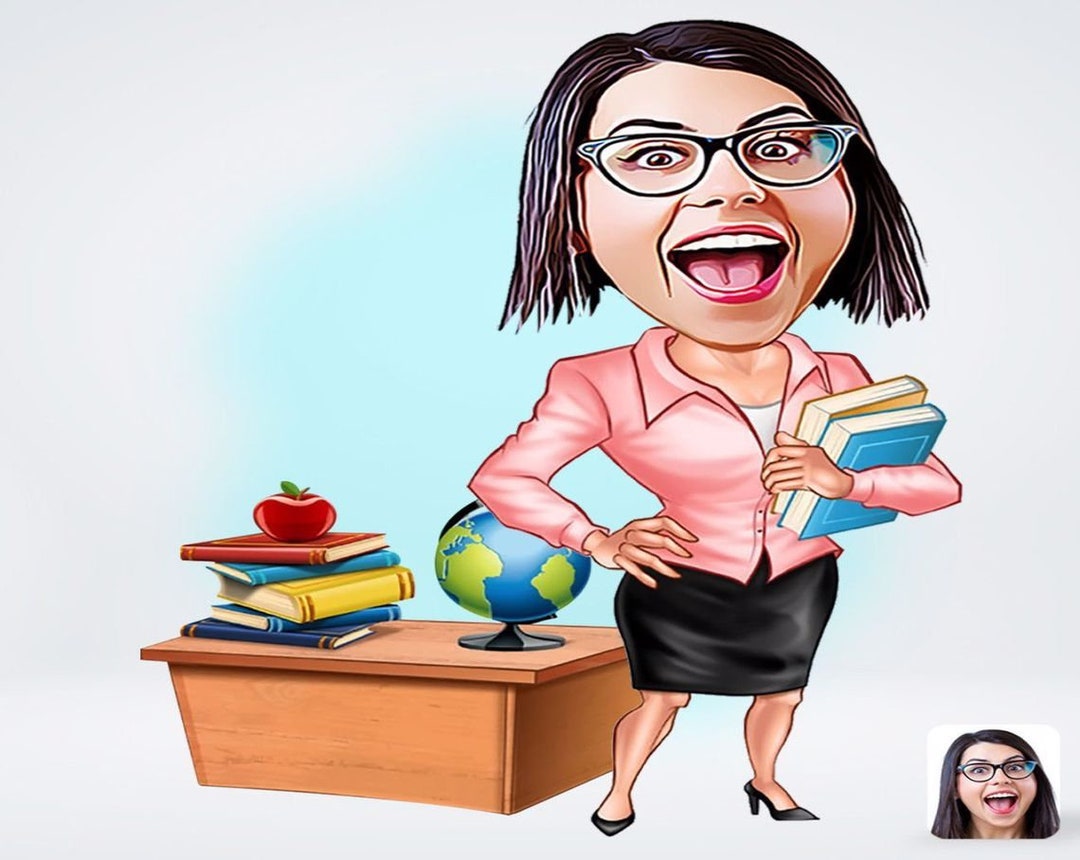 Personalized Female Teacher Drawing / Female Teacher Cartoon Drawing ...