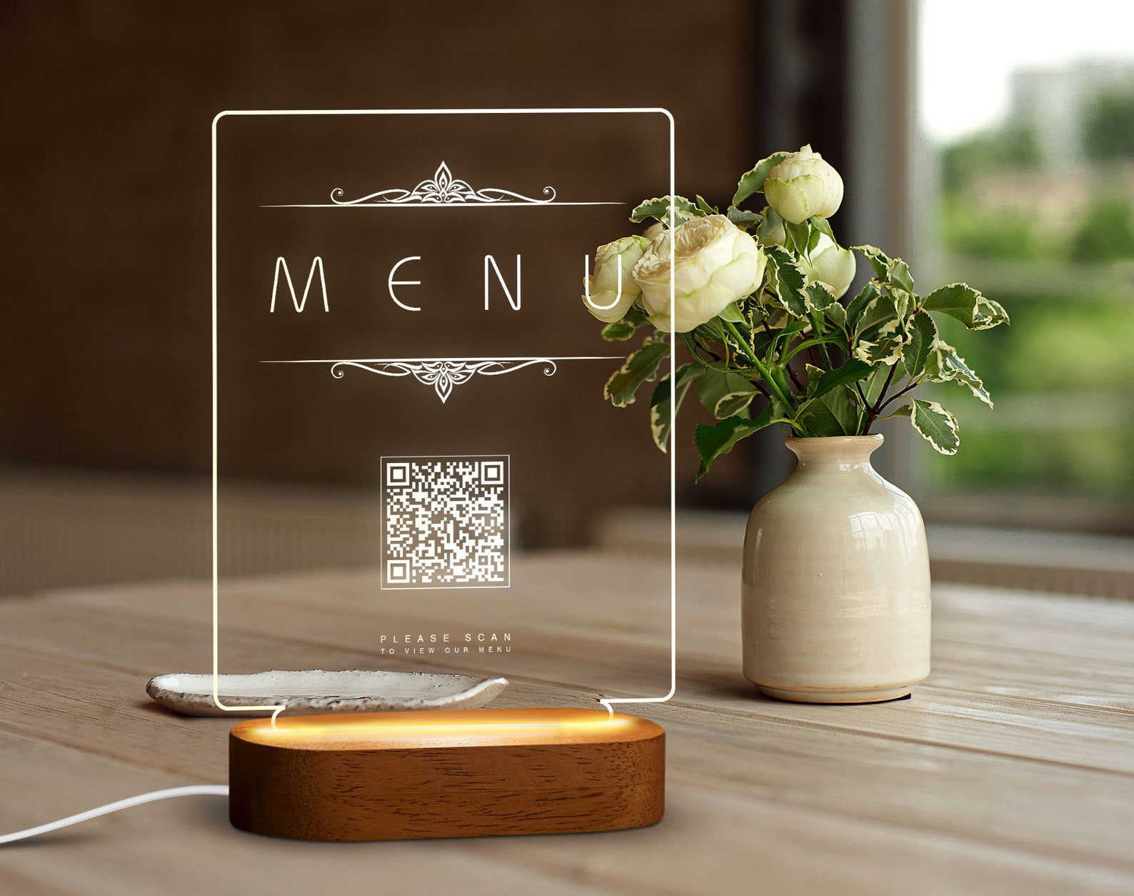 Custom LED Qr Code Menu Sign LED Decor With Natural Wood - Etsy