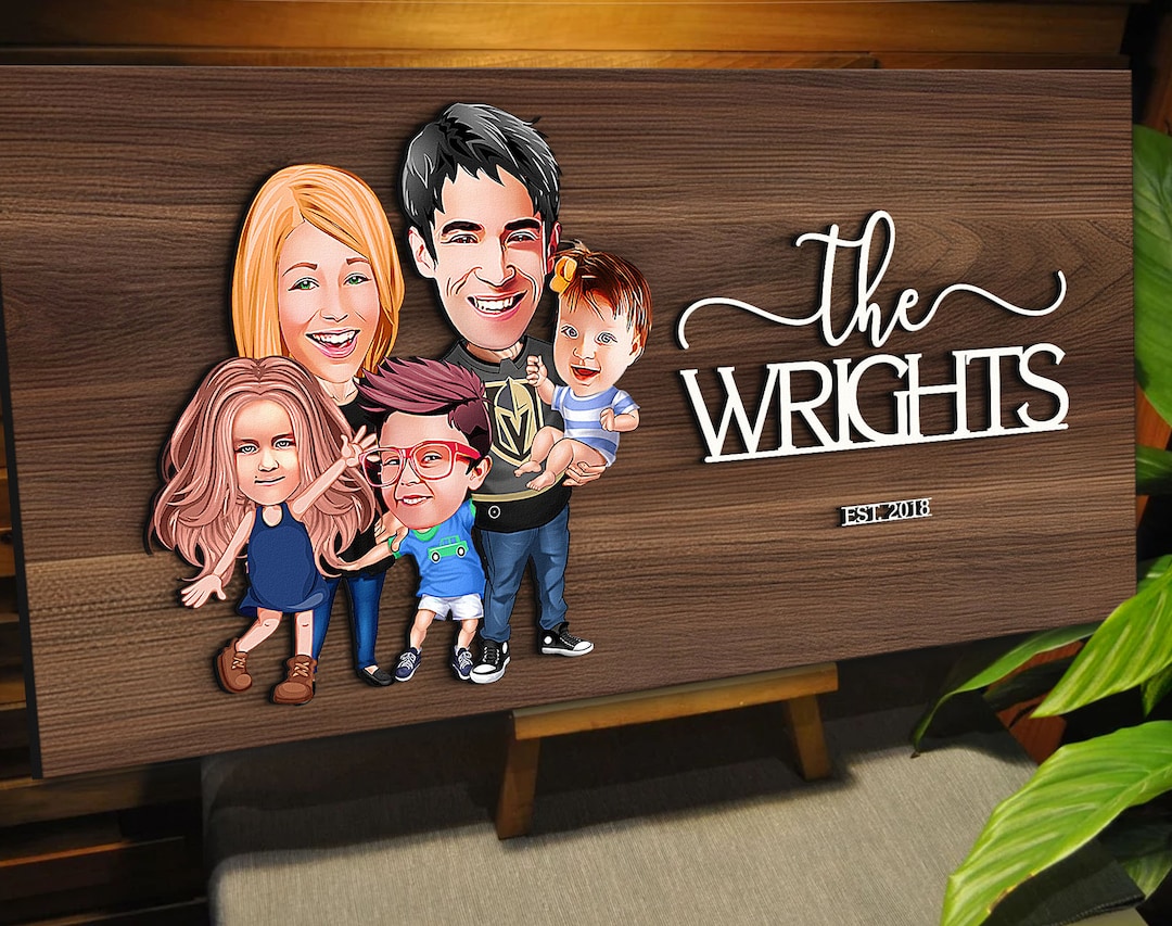 Personalized 3D Wooden Cartoon Family Name Sign, Custom Caricature ...