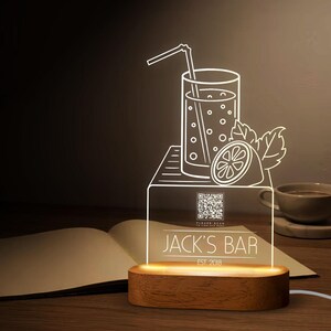 Custom LED Qr Code Menu Sign, LED Decor With Natural Wood Base ...