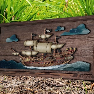 Handmade 3D Oak Tree Pirate Ship / Sailboat Wood Painting, Custom Wood ...