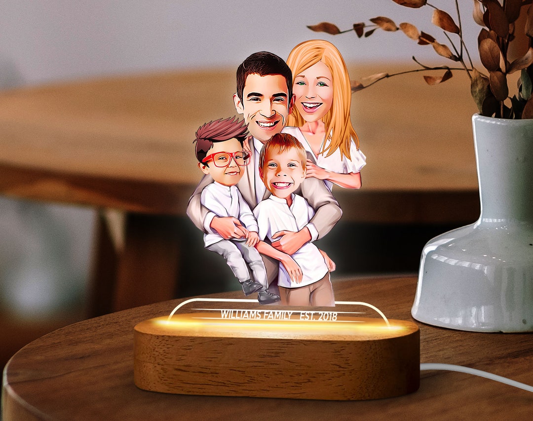 Personalized LED Night Light Family Cartoon With Natural Wood Stand ...