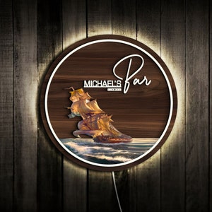 Personalized LED Light Wooden Bar Sign, Custom Embossed Round Wood Bar ...