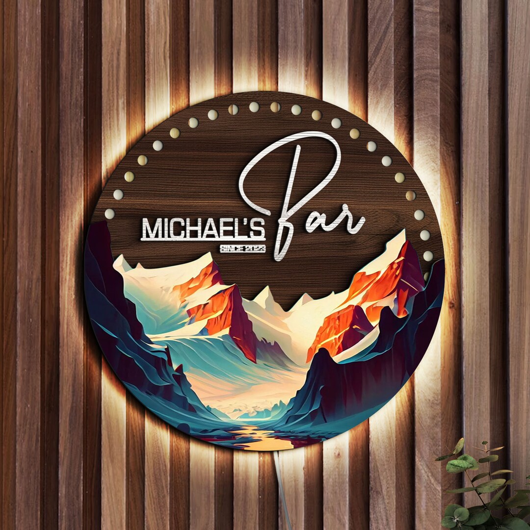 Personalized LED Light Wooden Bar Sign, Custom Embossed Round Wood Bar ...