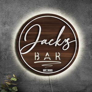 Personalized LED Light Wooden Bar Sign, Custom Embossed Round Wood Bar ...