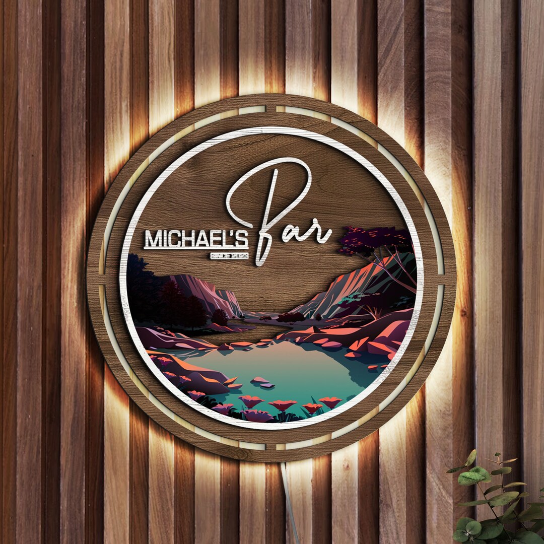 Personalized LED Light Wooden Bar Sign, Custom Embossed Round Wood Bar ...
