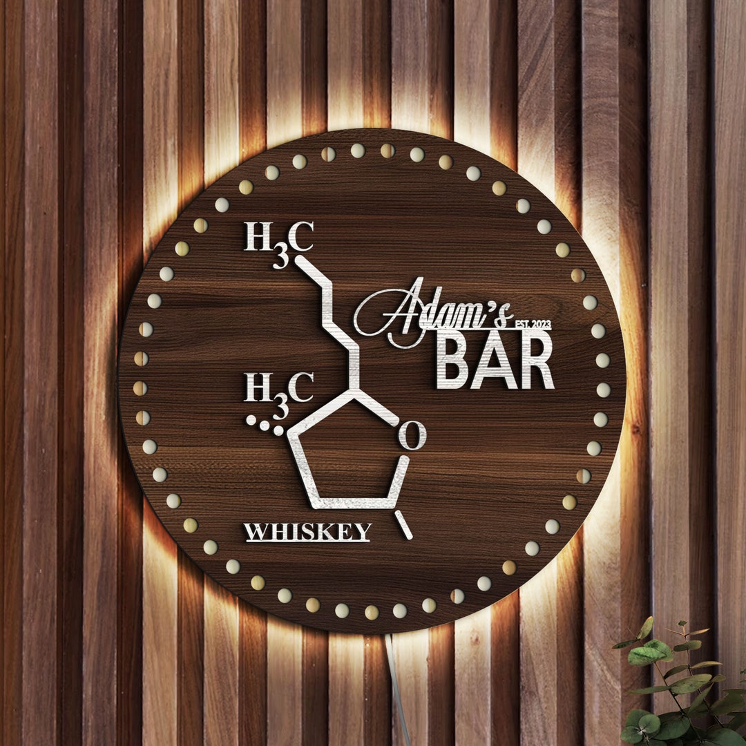 Personalized LED Light Wooden Bar Sign, Custom Embossed Round Wood Bar ...