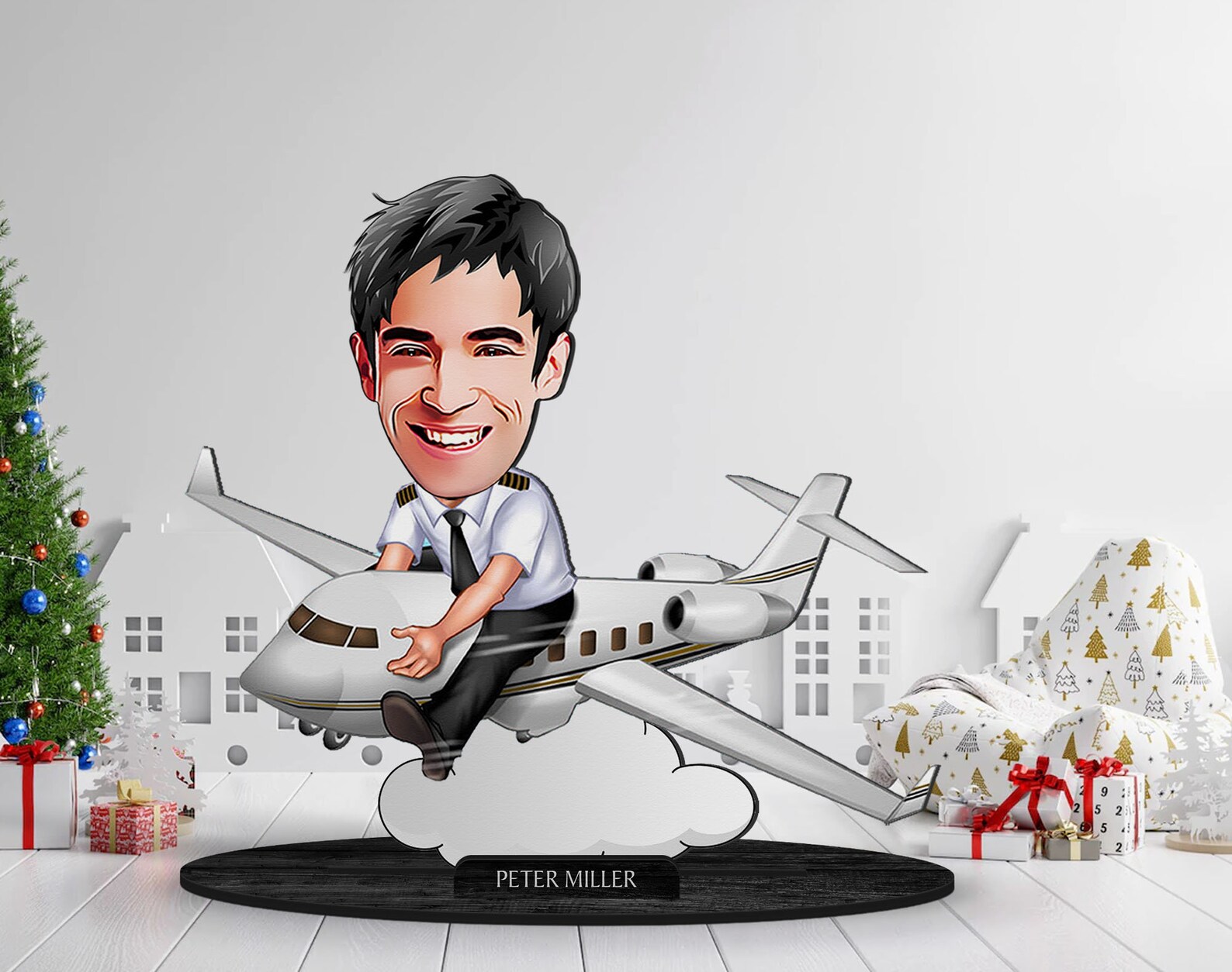 Personalized 3D Wooden Cartooned Captain Pilot Figurine Trinket, Custom ...