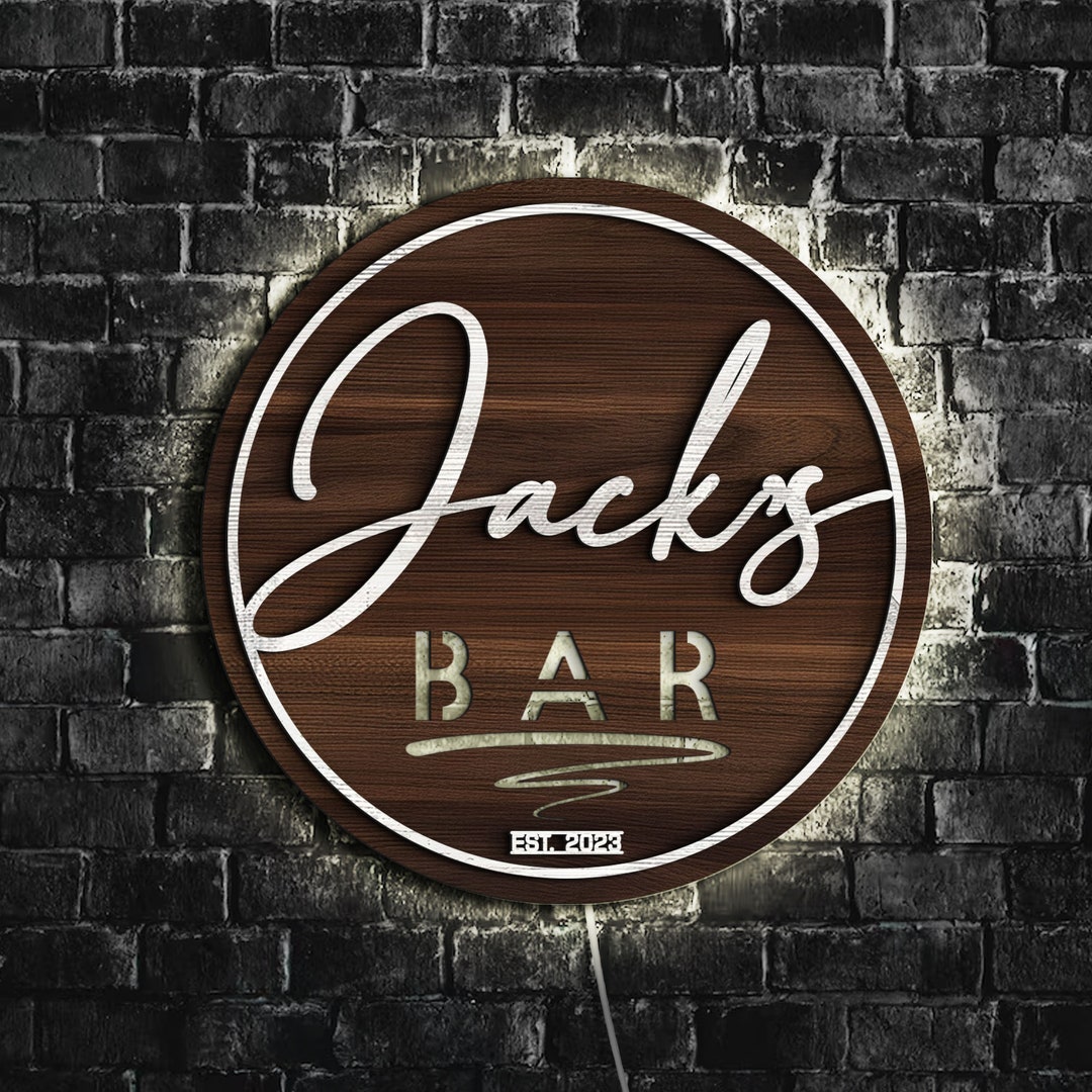 Personalized LED Light Wooden Bar Sign, Custom Embossed Round Wood Bar ...
