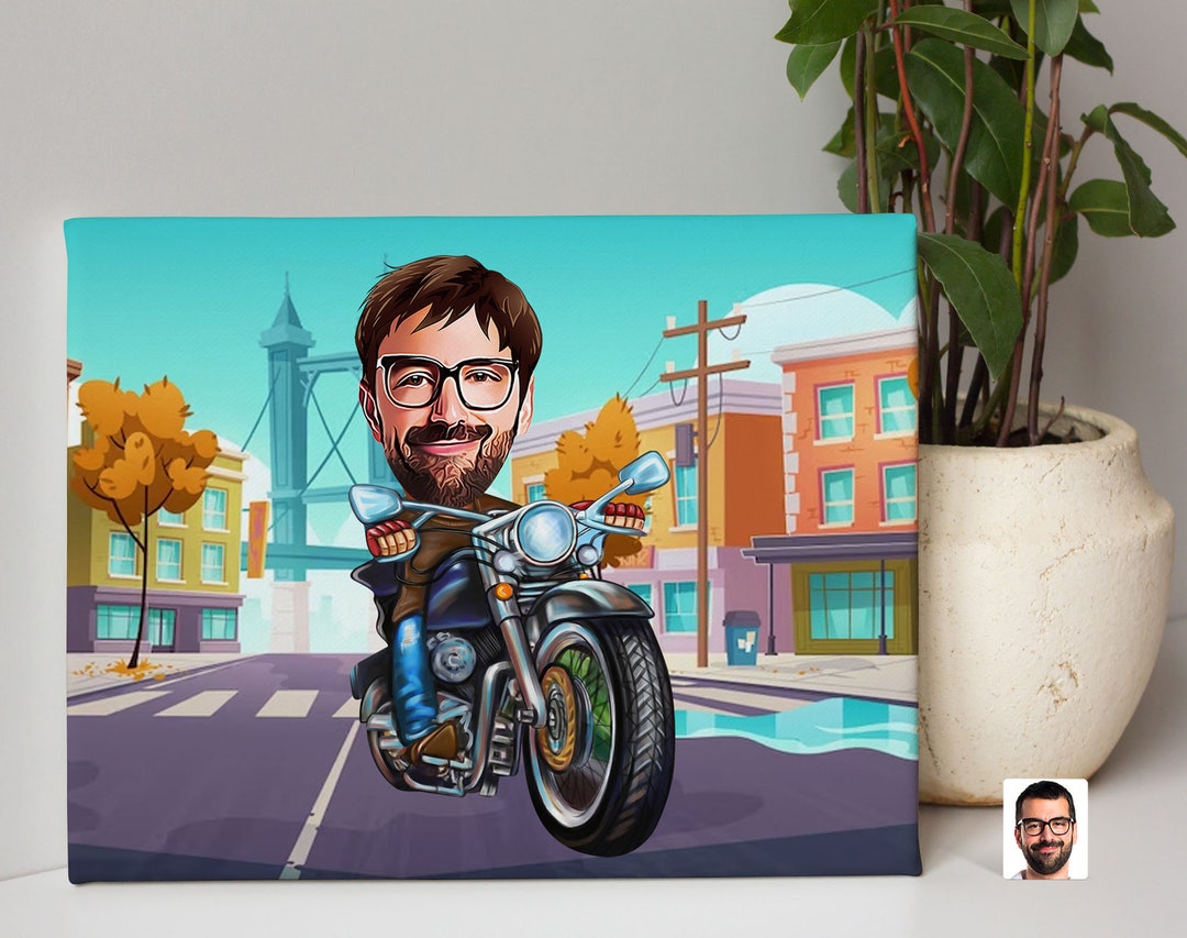 Personalized Cartoon Guy on Motorcycle Drawing, Custom Cartoon Drawing ...