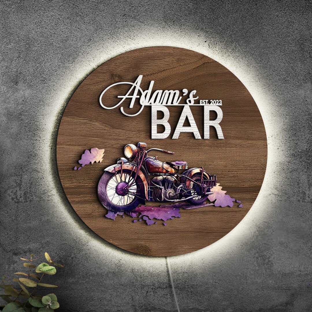 Personalized LED Light Wooden Bar Sign, Custom Embossed Round Wood Bar ...