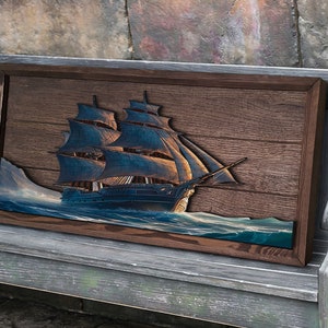 Handmade 3D Oak Tree Pirate Ship / Sailboat Wood Painting, Custom Wood ...
