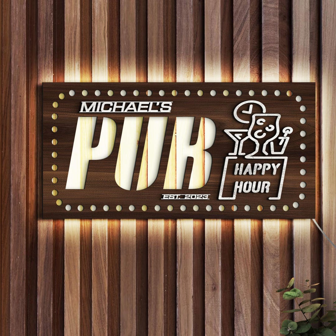 Personalized LED Light Wooden Bar Sign, Custom Embossed Wood Bar Sign ...