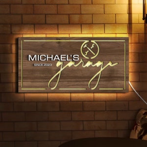Personalized LED Light Wooden Garage Sign, Custom Embossed Wood Sign ...