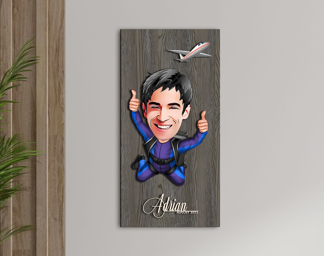Personalized 3D Wooden Cartoon Parachute Wall Art, Custom Caricature ...