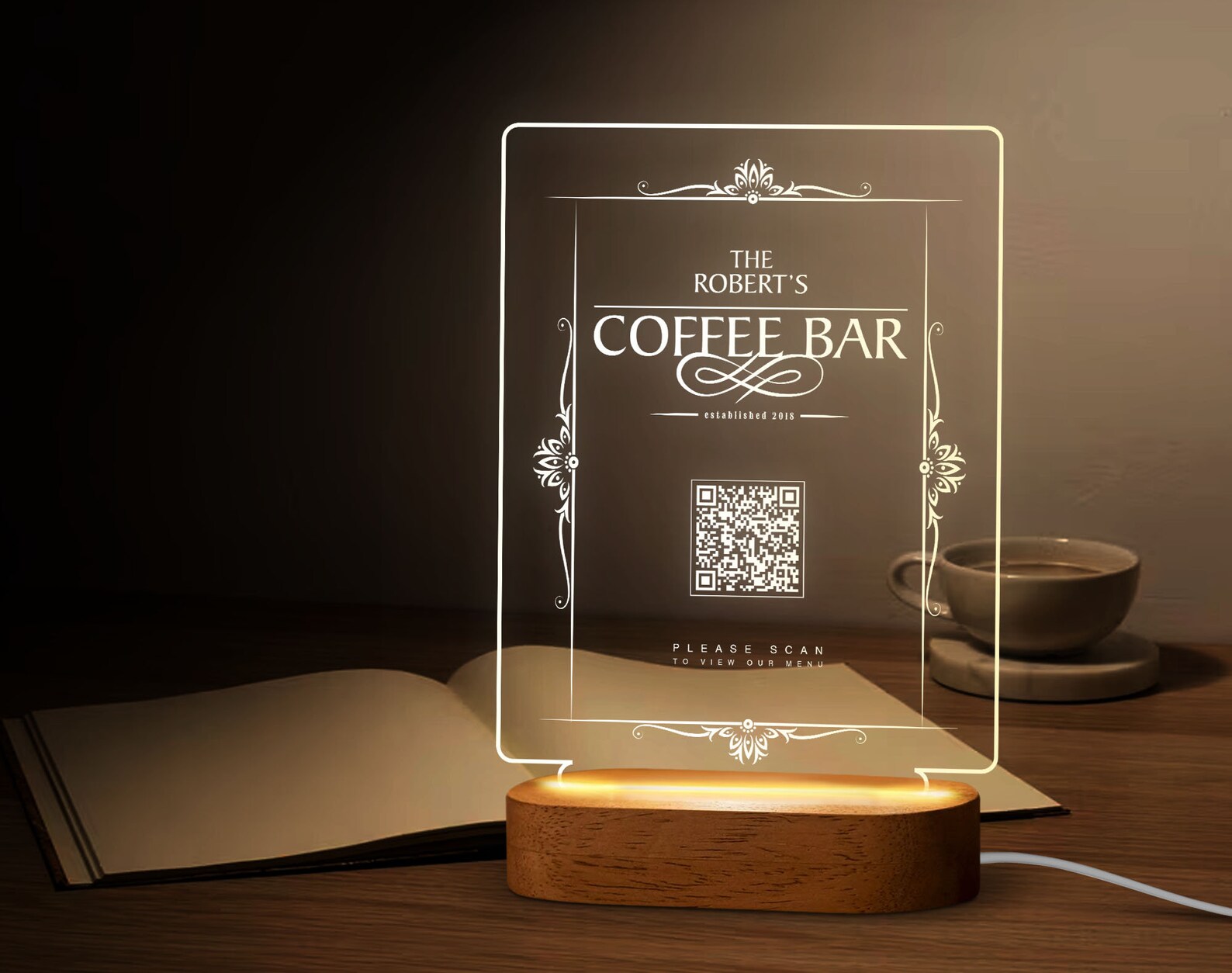 Custom LED Qr Code Menu Sign LED Decor With Natural Wood - Etsy