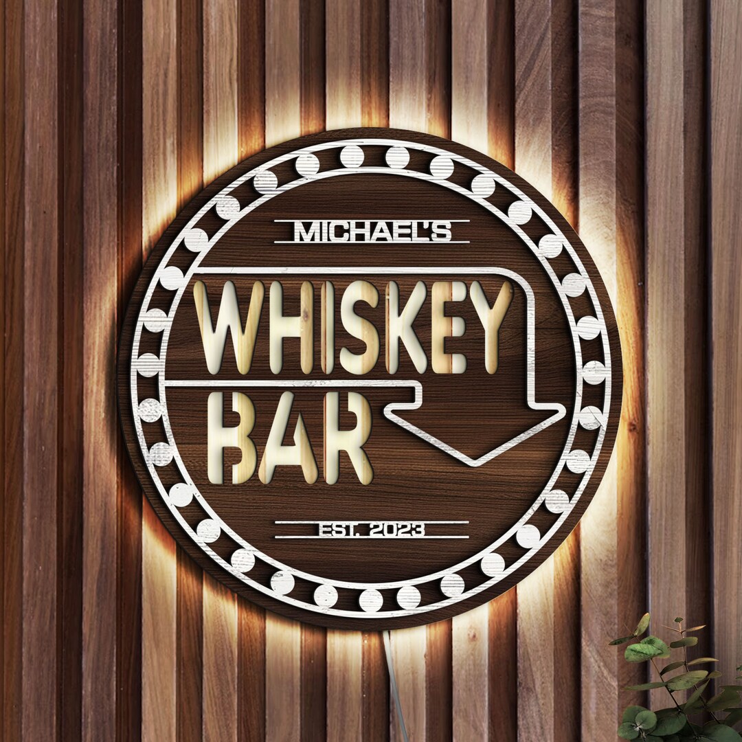 Personalized LED Light Wooden Bar Sign, Custom Embossed Round Wood Bar ...