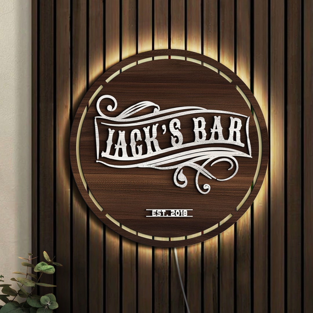 Personalized LED Light Wooden Bar Sign, Custom Embossed Round Wood Bar ...