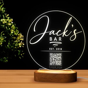 Custom LED Qr Code Menu Sign, LED Decor With Natural Wood Base ...