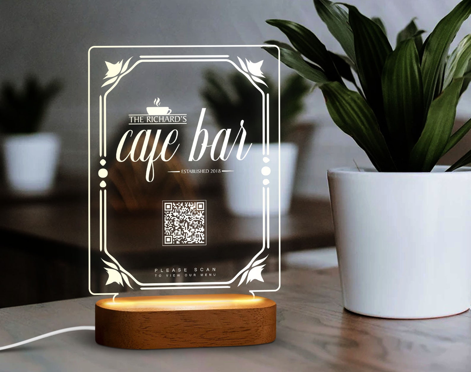 Custom LED Qr Code Menu Sign LED Decor With Natural Wood - Etsy