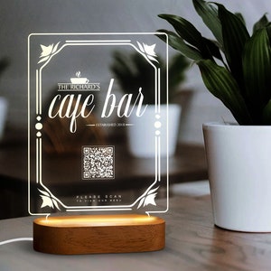 Custom LED Qr Code Menu Sign, LED Decor With Natural Wood Base ...